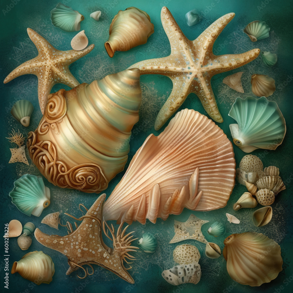 Generative AI: illustration of shells collection on glitter background ...
