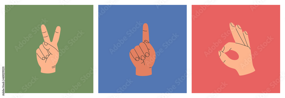 Set of three human hands showing fingers various gestures, victory icon ...