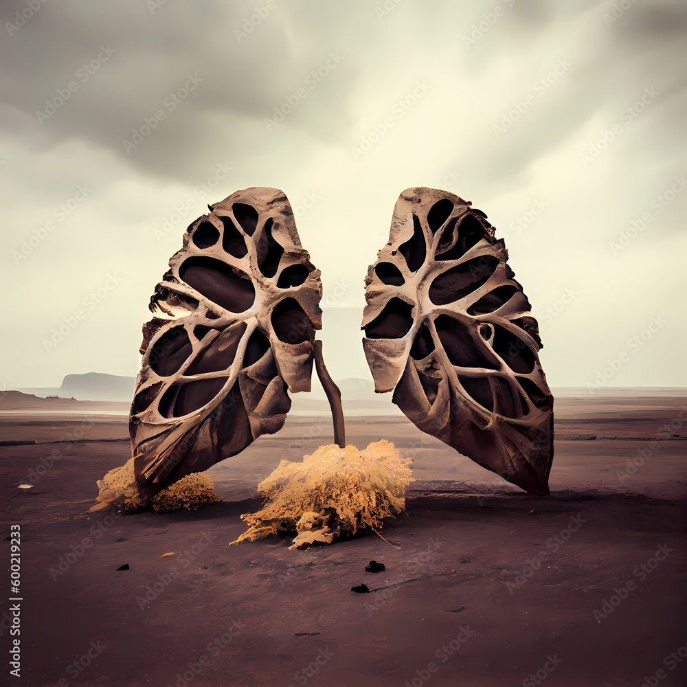 A dramatic scene of a pair of lungs made of dead leaves and withering ...
