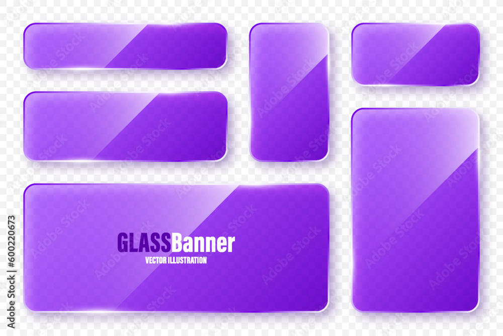 Realistic glass frames collection. Violet transparent glass banners ...