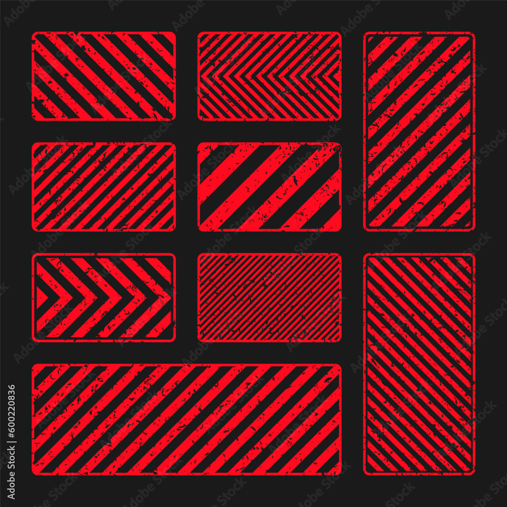 Various red grunge warning signs with diagonal lines. Old attention ...