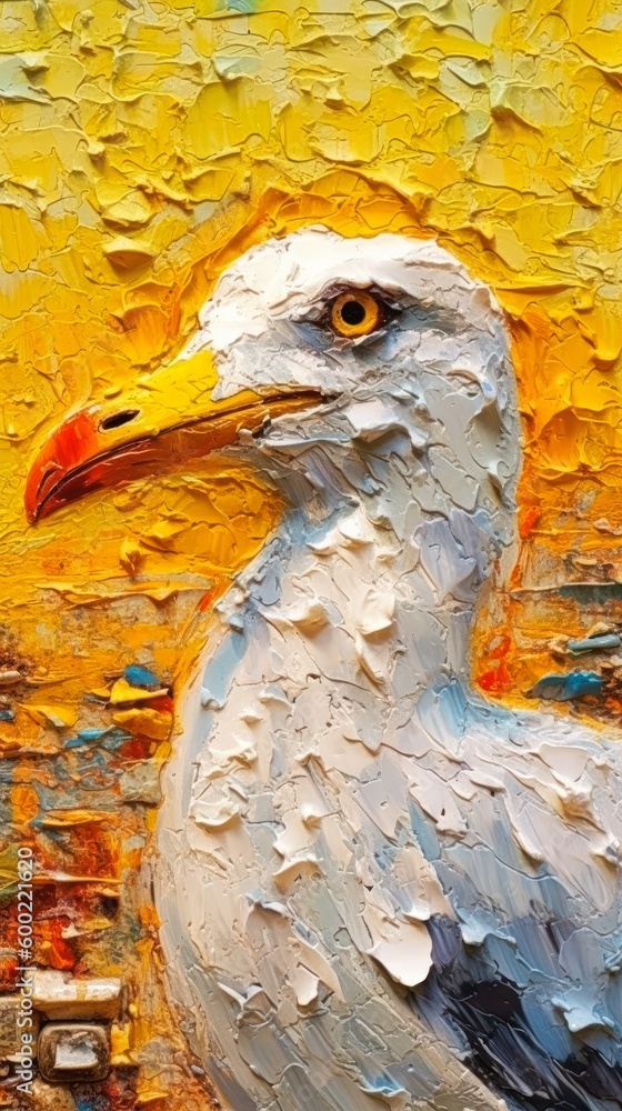 impasto surrealistic gull ruin seagull yellow background city palette ...