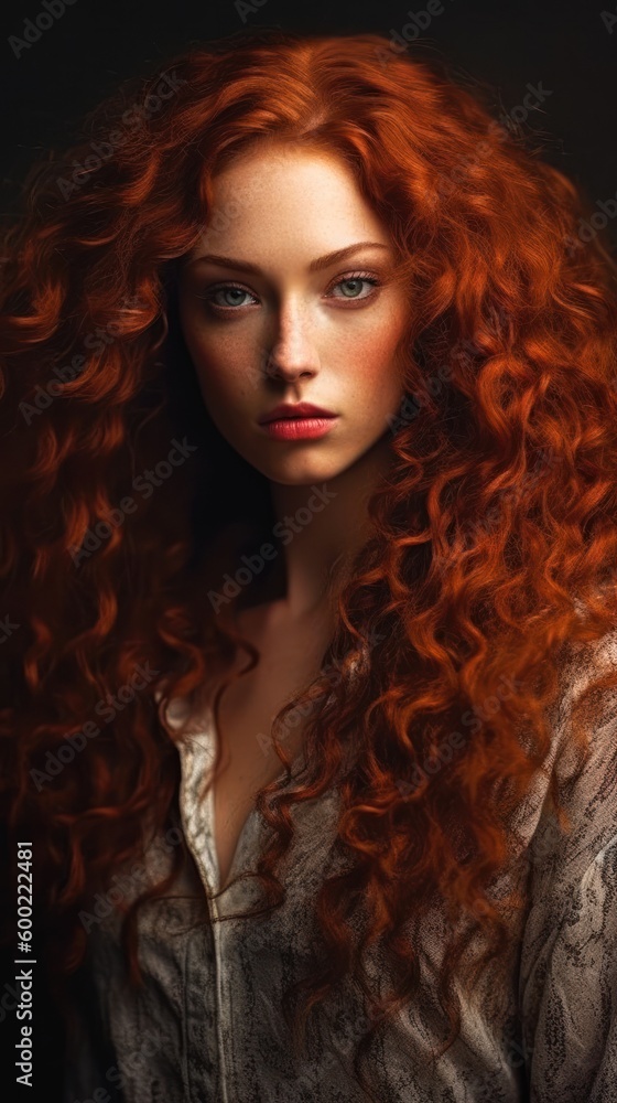 stunning woman sharp jawline skin closeup long red hair white shirt ...