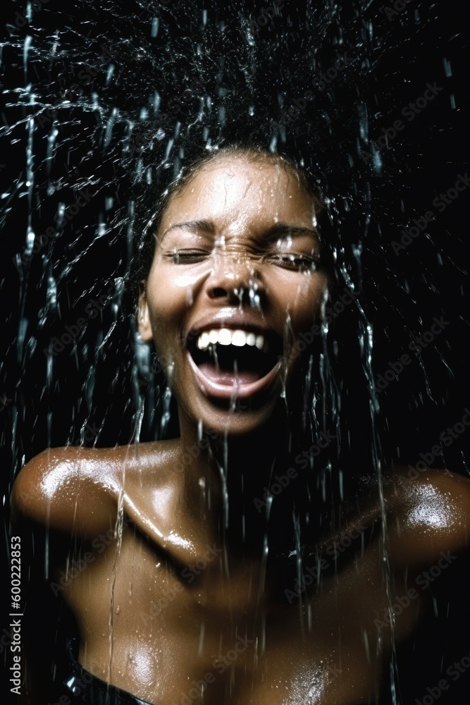 waist black happy closeup woman wet head ecstatic beauty campaign textured skin showers model ...