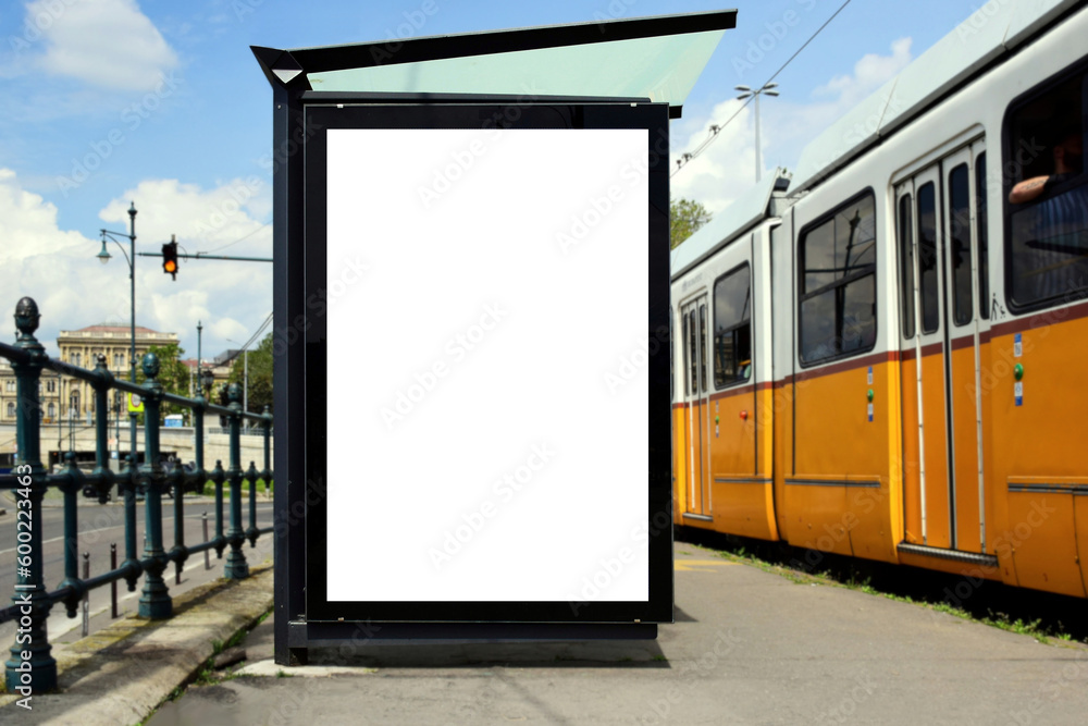bus shelter with blank ad panel. billboard display. empty white ...