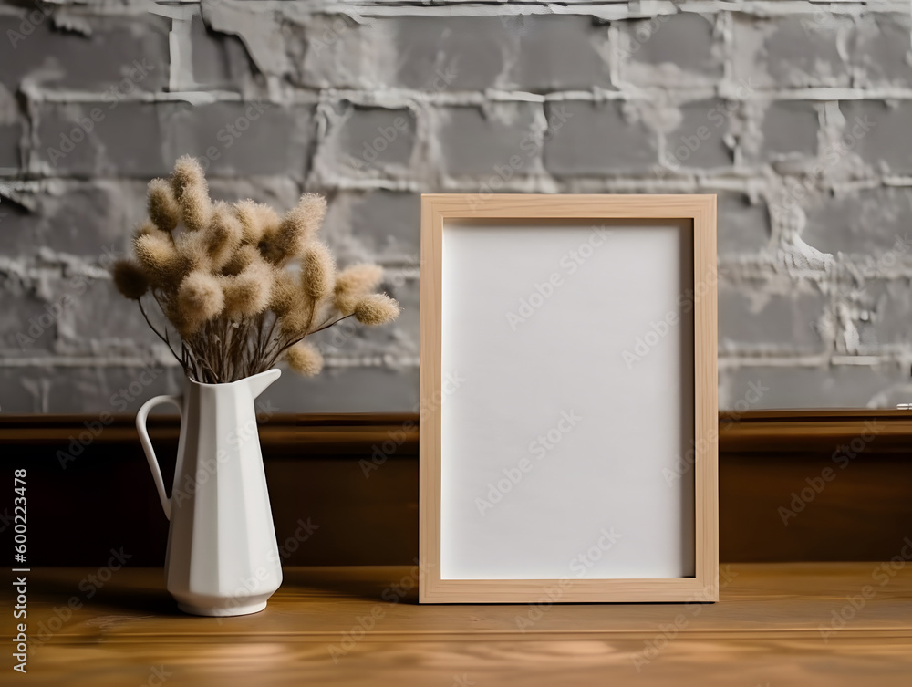 Dried statice flower in a vase by an empty wooden frame on a wooden ...