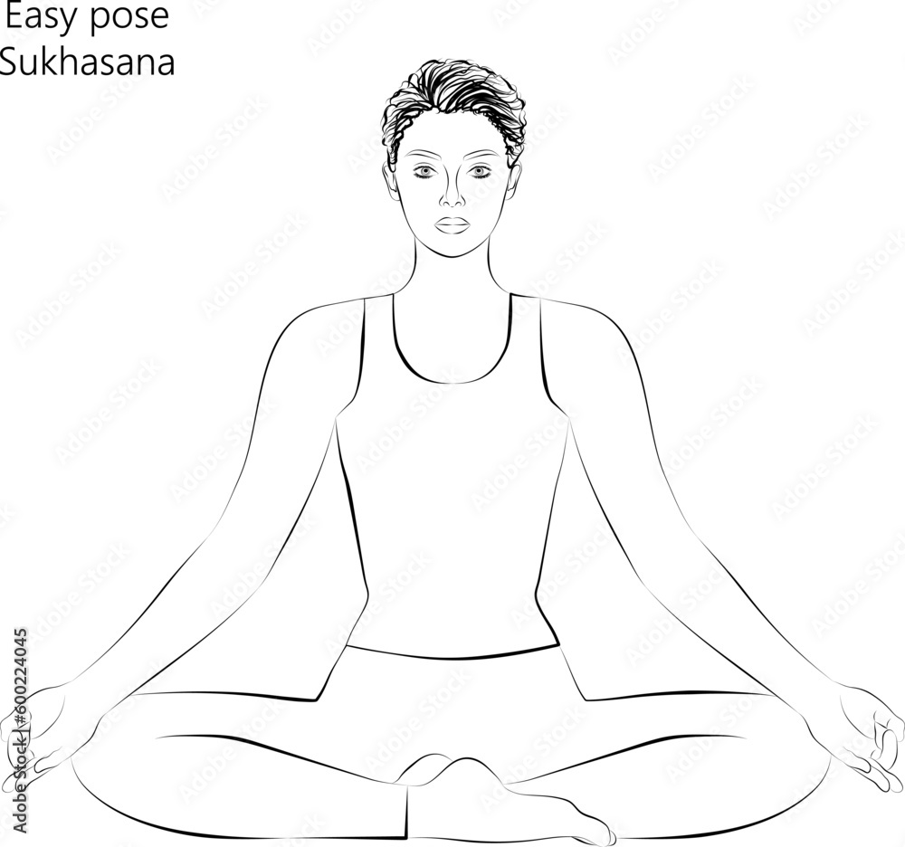 Sketch of young woman practicing yoga, doing Easy pose. Sukhasana ...