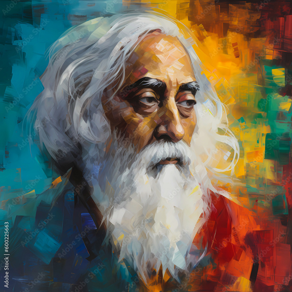 Rabindranath Tagore colourful illustration in oil painting. Bangladeshi ...