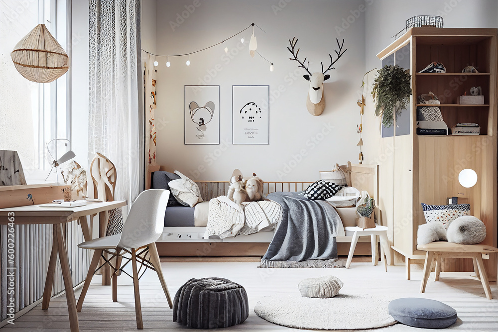 Scandinavian interior design of playroom with wooden cabinet, armchairs ...