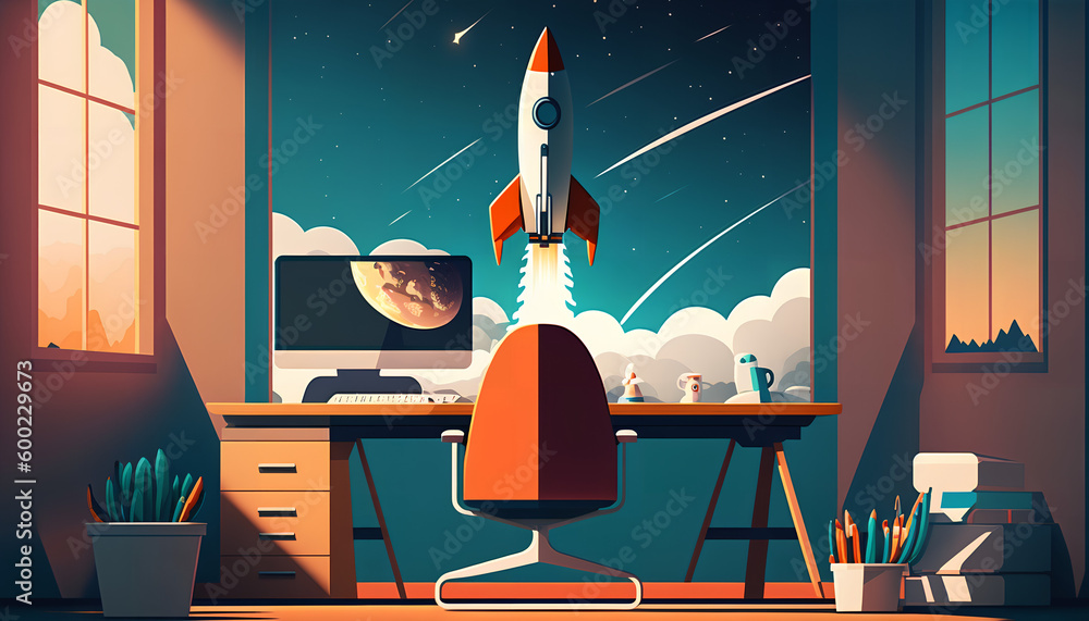 Rocket Office Desk Worker blast off marketing and sales graphics ...