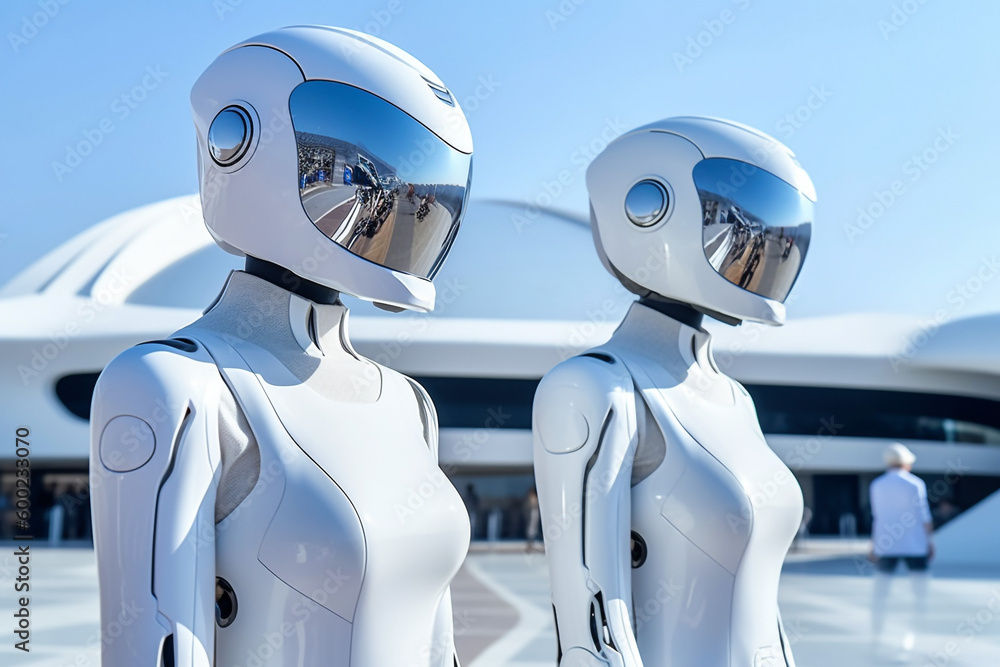 Couple of beautiful futuristic humanoids robots in racing helmets. Two ...