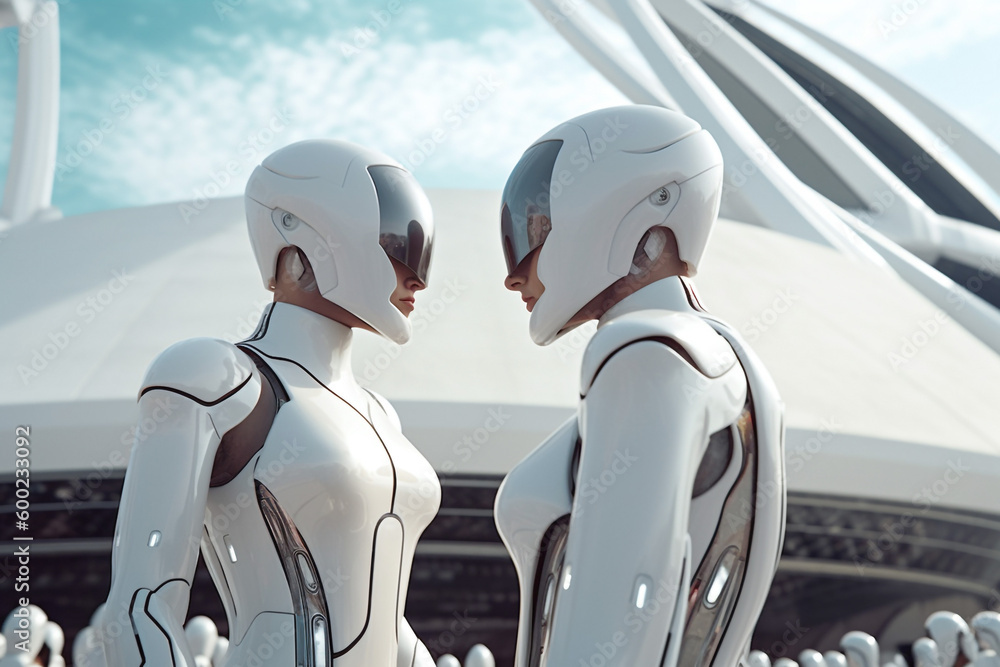 Couple of beautiful futuristic humanoids robots in racing helmets. Two ...