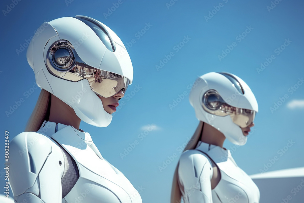 Couple of beautiful futuristic humanoids robots in racing helmets. Two ...