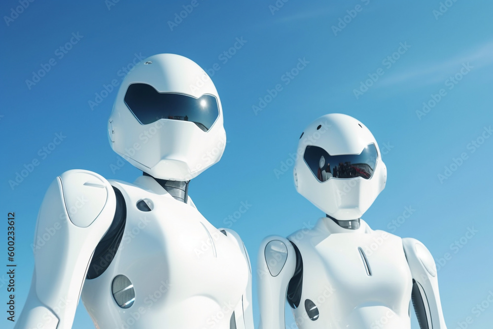 Couple of beautiful futuristic humanoids robots in racing helmets. Two ...