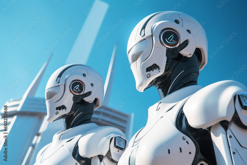 Couple of beautiful futuristic humanoids robots in helmets. Two cyborg ...
