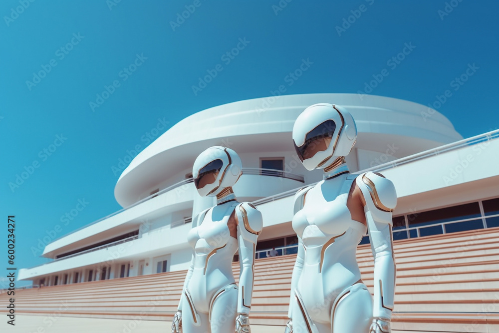 Couple of beautiful futuristic humanoids robots in helmets. Two cyborg ...