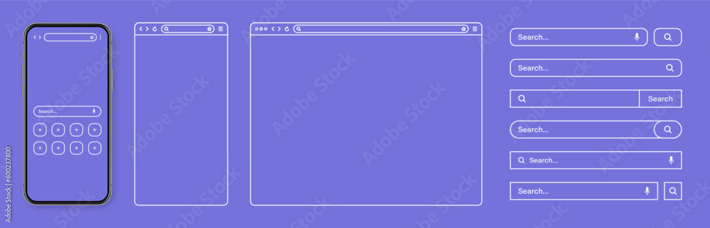 Smartphone, web browser, internet page window with toolbar and search ...