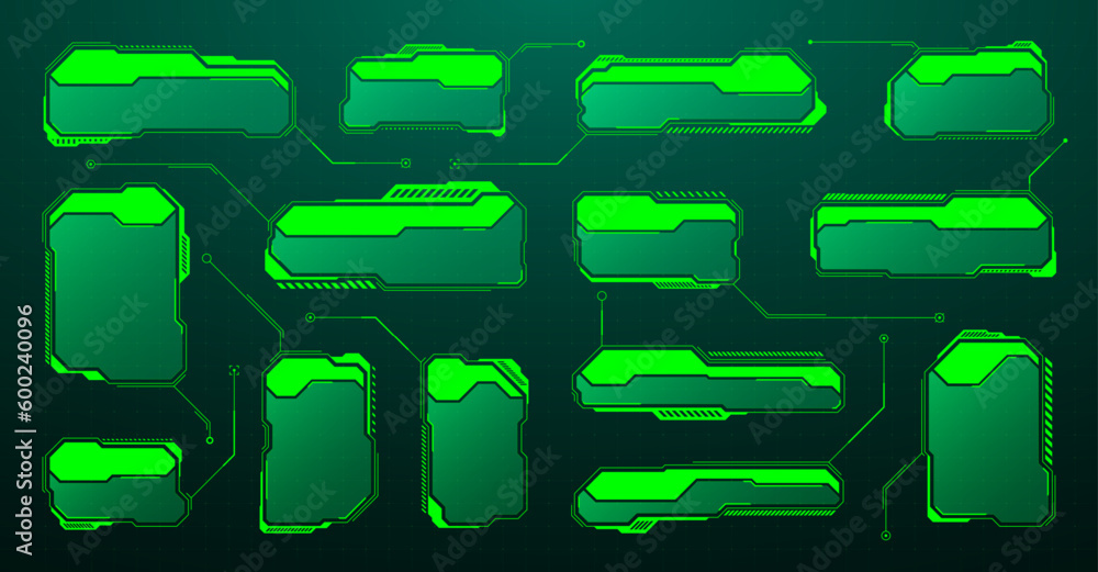 Green futuristic HUD, UI elements. Sci-fi user interface text boxes ...