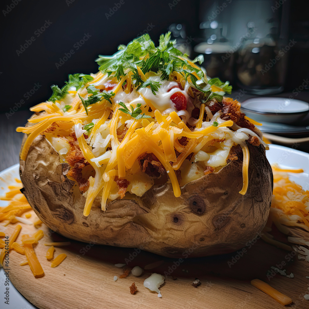 Perfect loaded baked potato with cheese, bacon, and chives created with ...