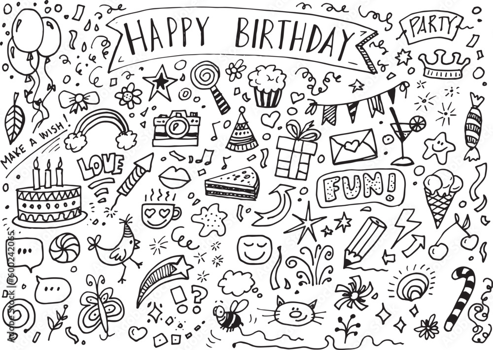 Happy birthday vector doodles, hand drawn sketch on white paper Stock ...