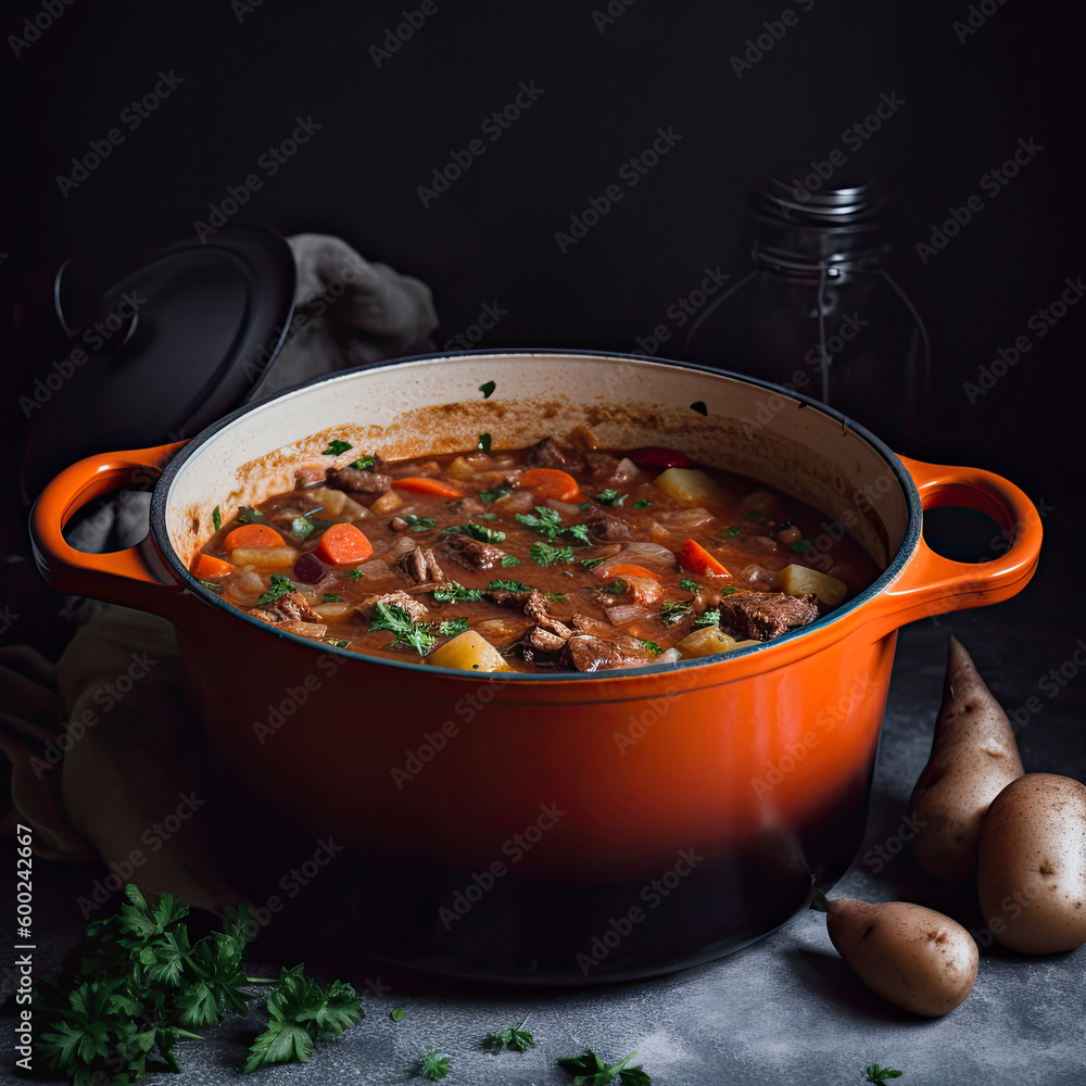Homemade pot of stew with potatoes and carrots created with Generative ...