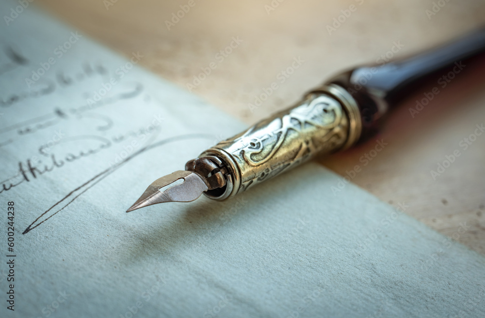 Fountain pen on an antique handwritten letter. Vintage nib pen and ...