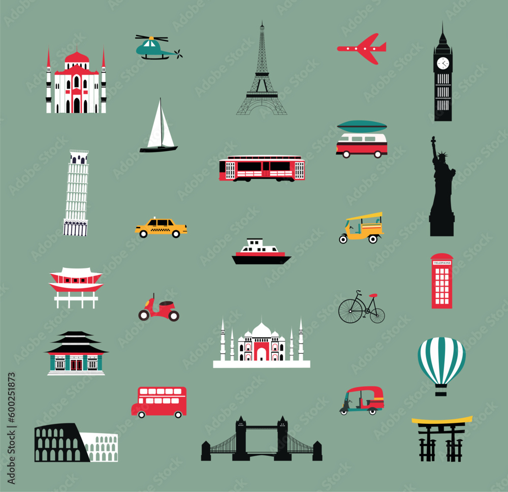 Travel icons set with famous cities symbols and different tipe of ...