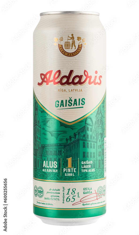 Aluminum can Beer ALDARIS Gaisais light Pasteur on a transparent ...