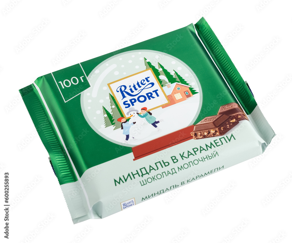 Ritter Sport Almonds in caramel, milk chocolate on a transparent ...