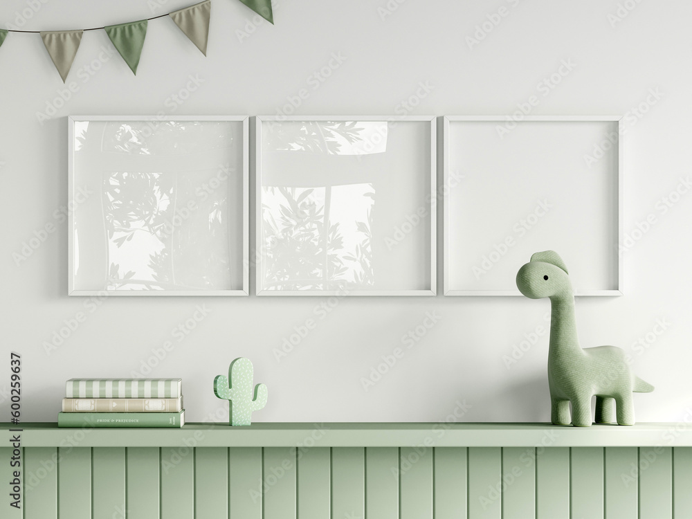 Frame mockup in green kids room interior with dinosaur toy, three white ...