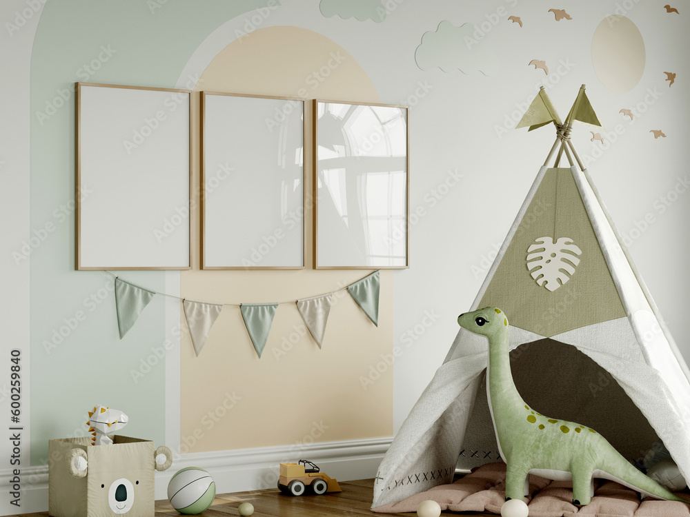 Frame mockup in green kids room interior with dinosaur toy, three ...