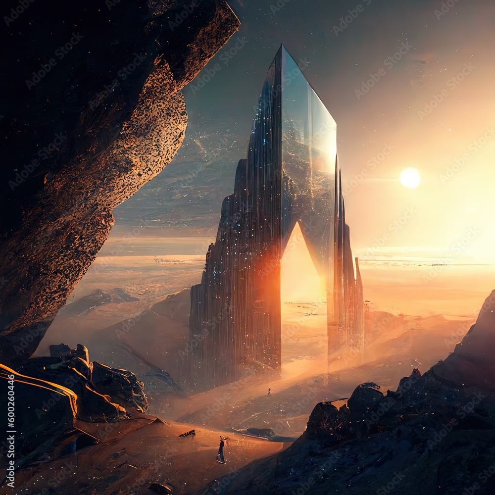 Desde la cima de una montaña, puedes ver una ciudad futurista ...