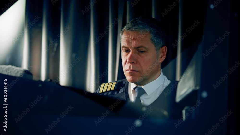 serious pilot of a modern passenger plane during flight in the cockpit ...
