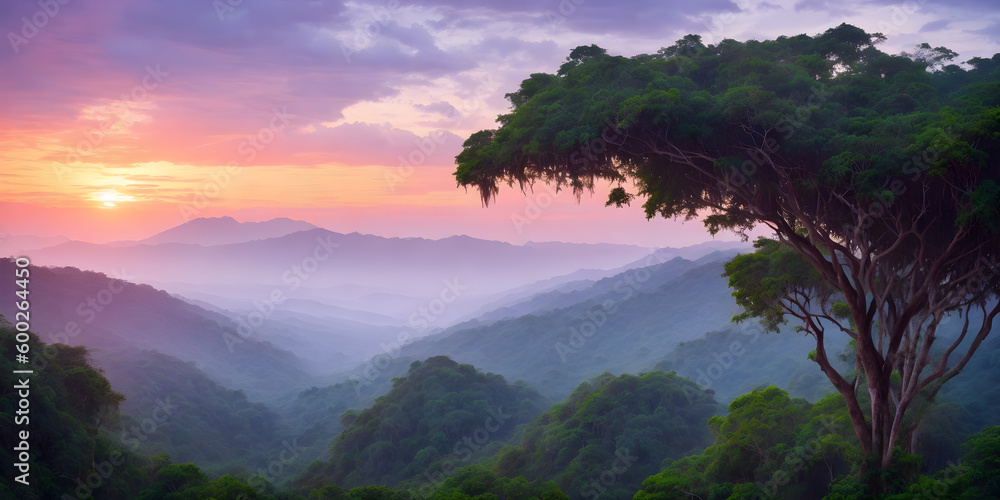 Wallpaper with a tropical landscape at sunrise. Jungle with mountains ...