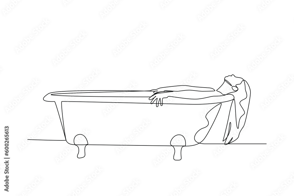 Single one line drawing happy woman is taking a bath. Bathroom activity ...