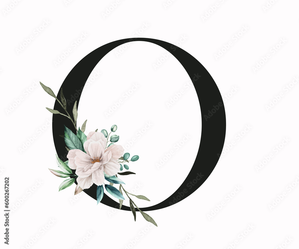 Capital letter O decorated with green leaves and pansies. Letter of the ...