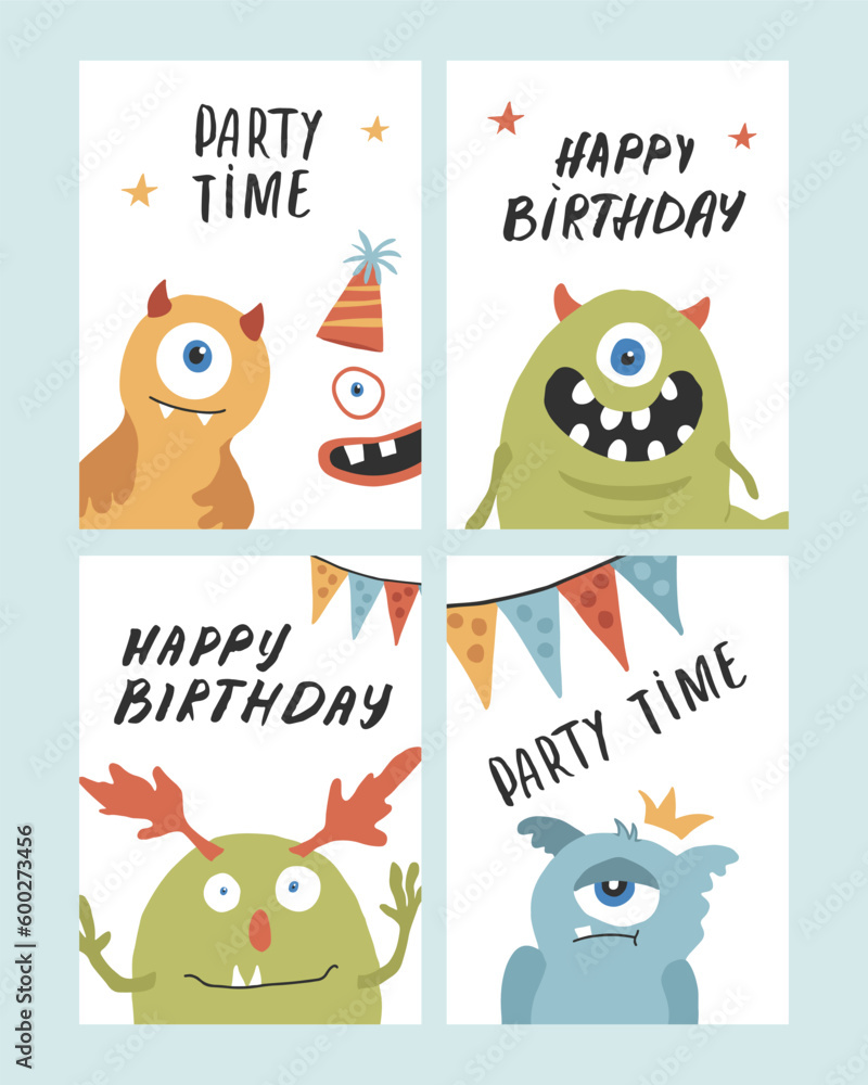 Birthday cards set with Cute monsters. Cartoon monsters collection ...