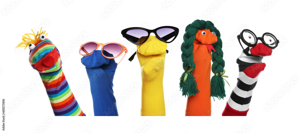 Many colorful sock puppets on white background, collage design Stock ...