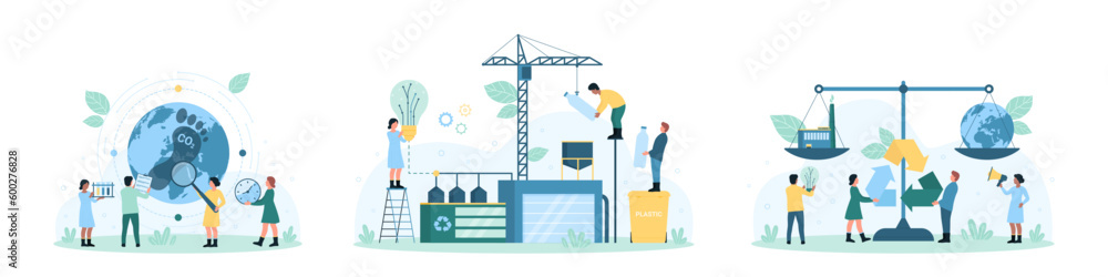 Eco balance set vector illustration. Cartoon tiny people research ...