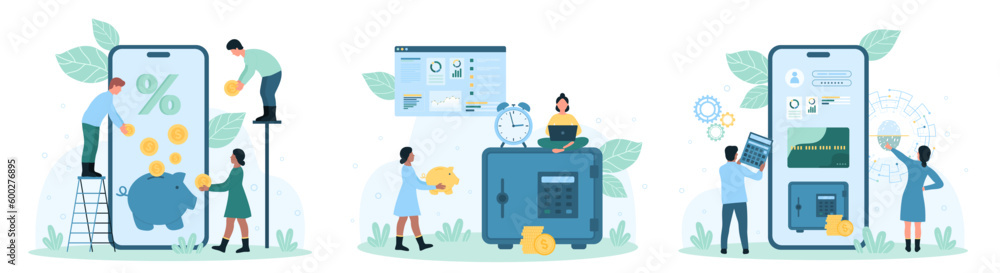 Banking online set vector illustration. Cartoon tiny people pay coins ...