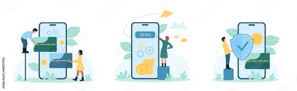 Money transfer set vector illustration. Cartoon tiny people holding ...