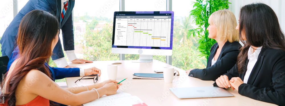 Project planning software for modish business project management on the computer screen showing ...