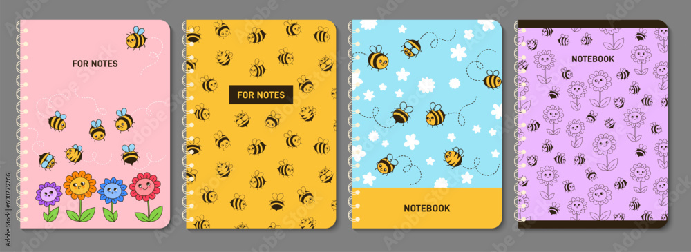 Bee honey characters and flowers notebook, retro trendy notepad cover ...
