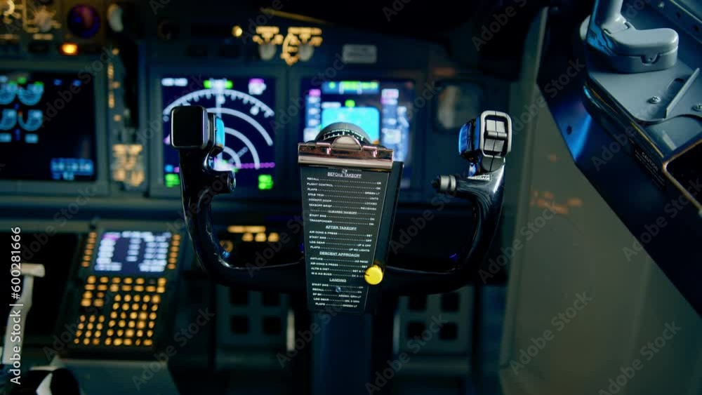 An aircraft control panel in the cockpit with a control panel and a ...