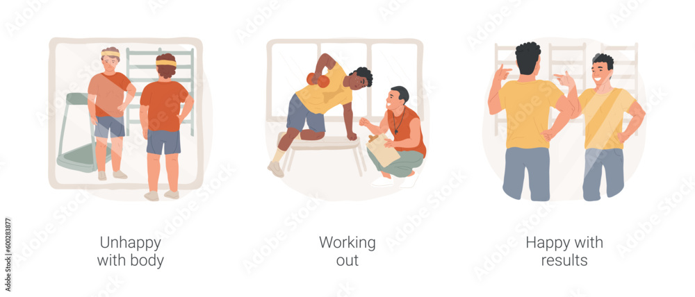 Stay fit isolated cartoon vector illustration set. Unhappy with body ...