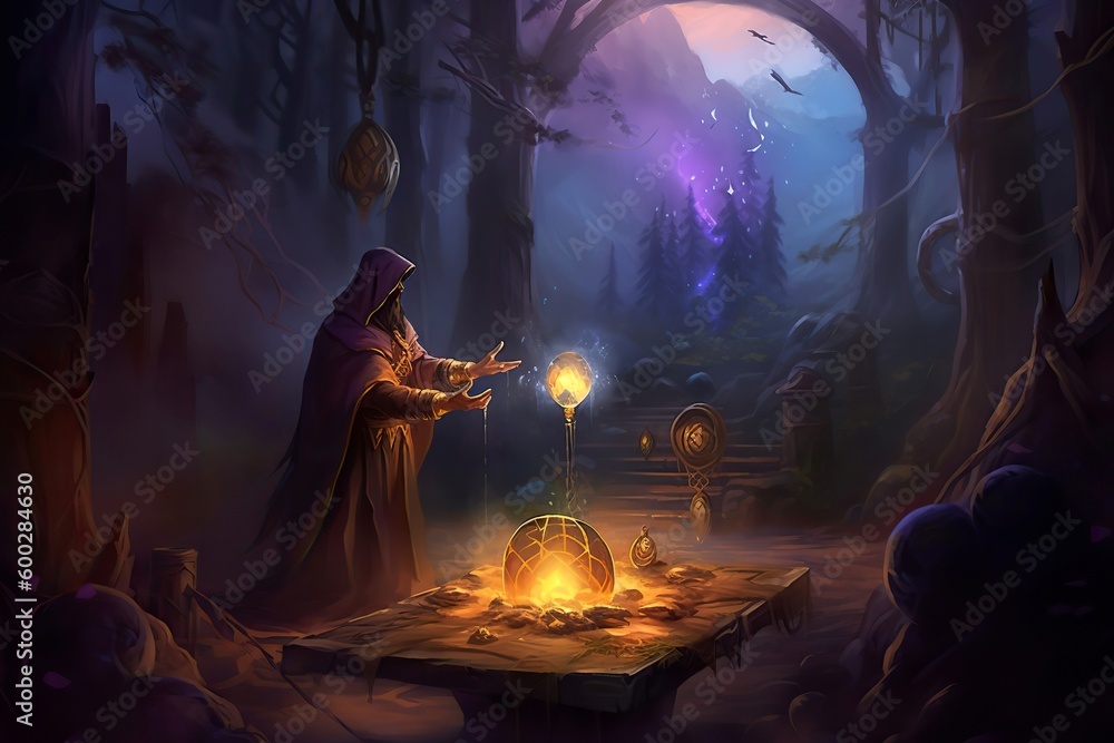 Illustration of A powerful sorcerer works on arcane symbols and glowing ...