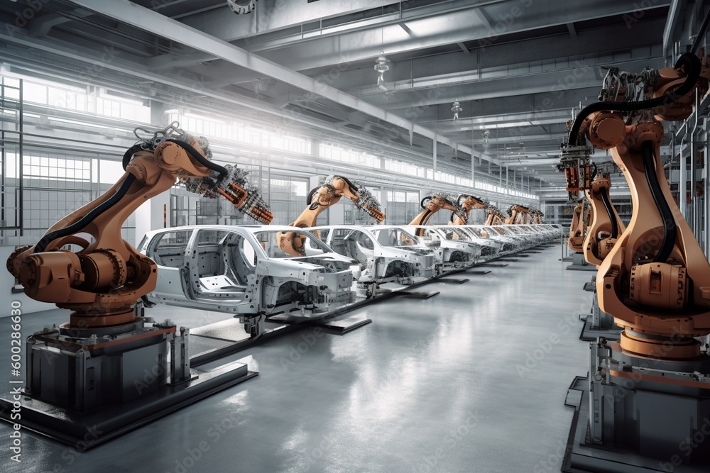 Automated Robot Arm Assembly Line Producing High Tech Electric Vehicles ...