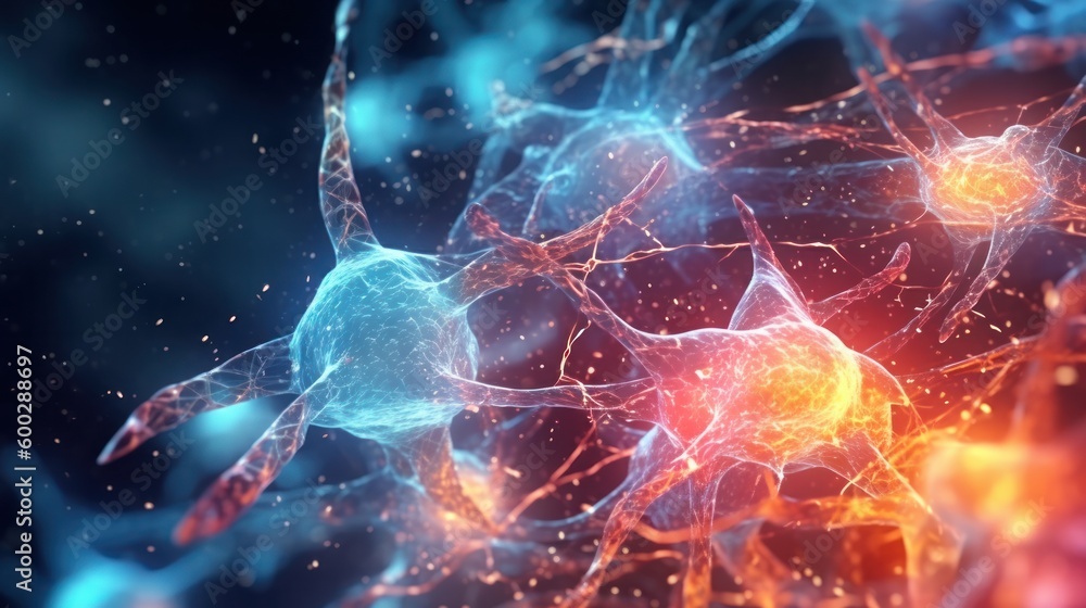 Medical illustration of human neuron cells neuroactivity: glowing brain ...