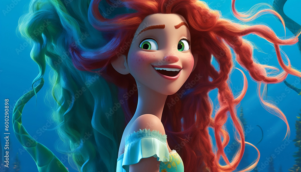 Cartoon character of red and emerald Mermaid, 3d character with ...