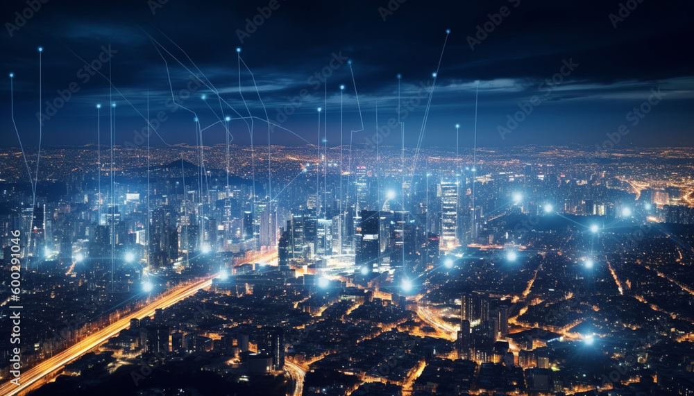 Smart City skyline with data streams and digital accents in an urban ...